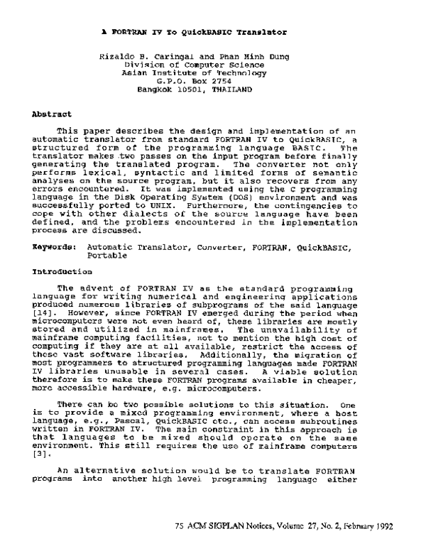 (PDF) A FORTRAN IV to QuickBASIC translator