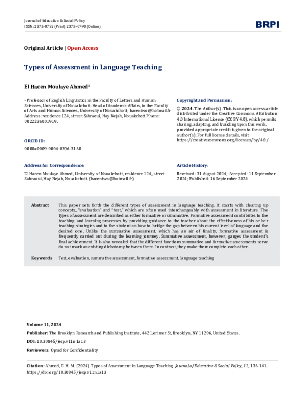 (PDF) Types of Assessment in Language Teaching