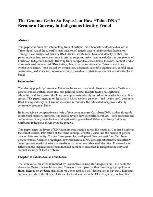 (PDF) The Genome Grift: An Exposé on How "Taino DNA" Became a Gateway ...