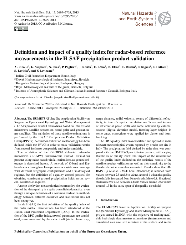 (PDF) Definition and impact of a quality index for radar-based ...