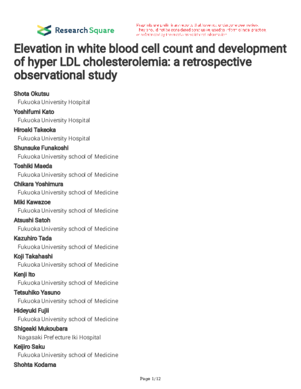 (PDF) Elevation in white blood cell count and development of hyper LDL ...