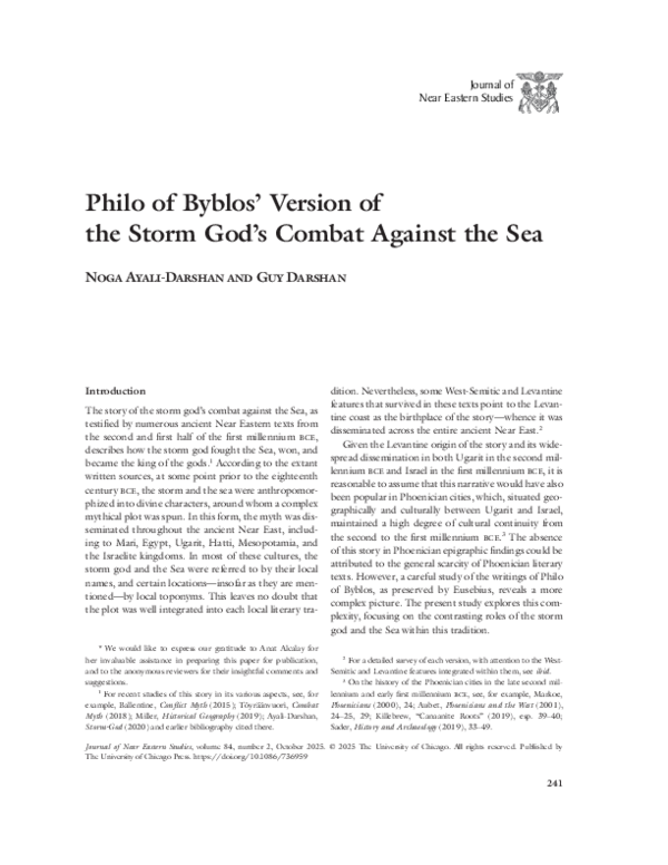 (PDF) Philo of Byblos' Version of the Storm God's Combat Against the Sea