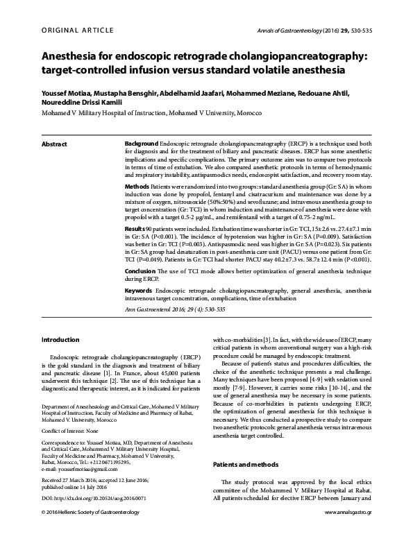 (PDF) Anesthesia for endoscopic retrograde cholangiopancreatography ...