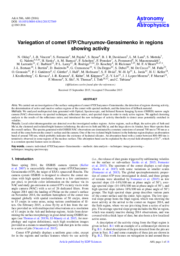 (PDF) Variegation of comet 67P/Churyumov-Gerasimenko in regions showing ...