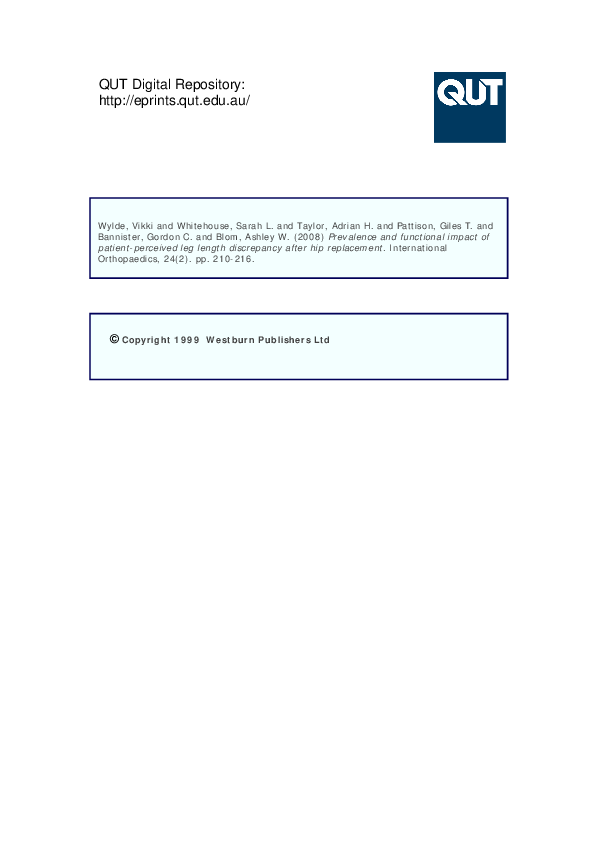 (PDF) Wylde V, Whitehouse SL, Taylor AH, Pattison GT, Bannister GC ...