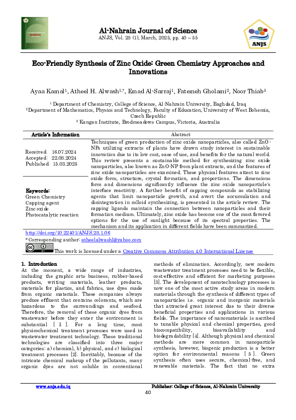 (PDF) Eco-Friendly Synthesis of Zinc Oxide: Green Chemistry Approaches and Innovations