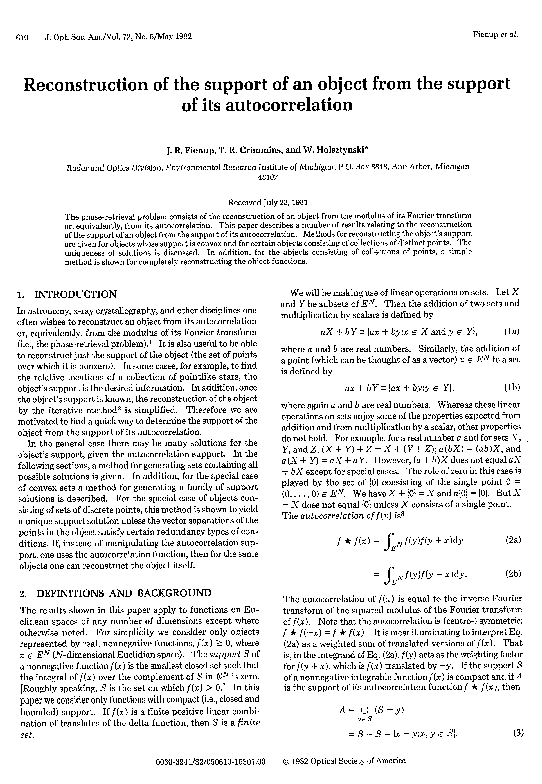 (PDF) Reconstruction of the support of an object from the support of ...