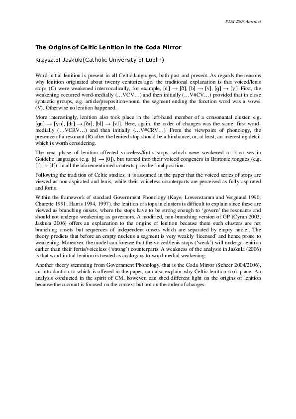 (PDF) The Origins of Celtic Lenition in the Coda Mirror