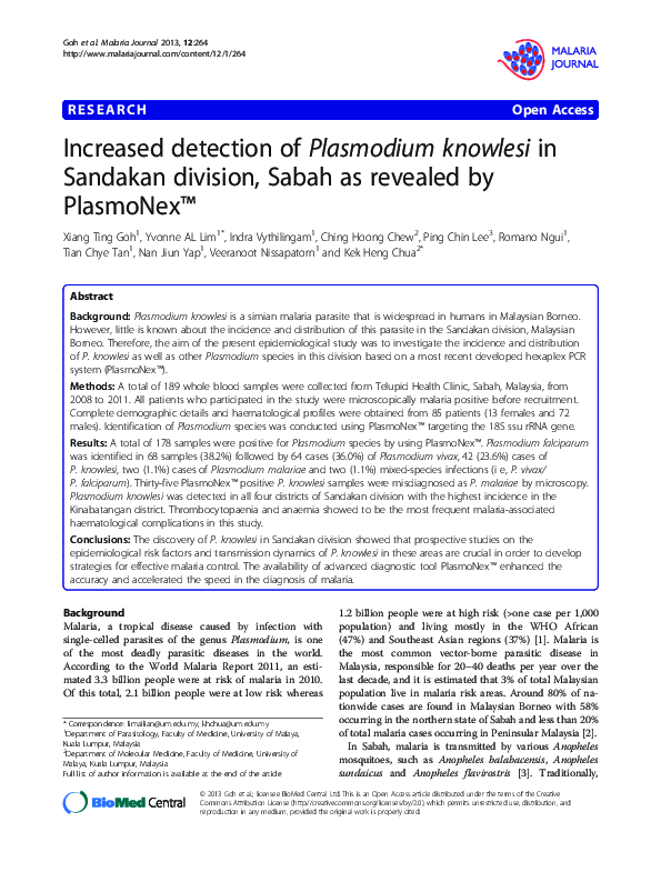 (PDF) Increased detection of Plasmodium knowlesi in Sandakan division ...