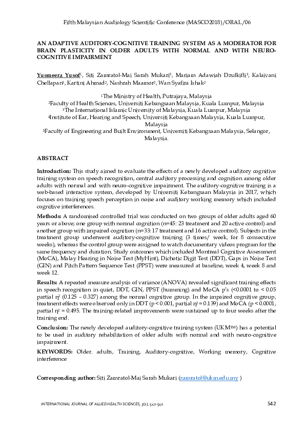 (PDF) An Adaptive Auditory-Cognitive Training System as a Moderator for ...