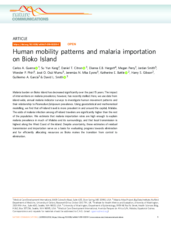 (PDF) Human mobility patterns and malaria importation on Bioko Island