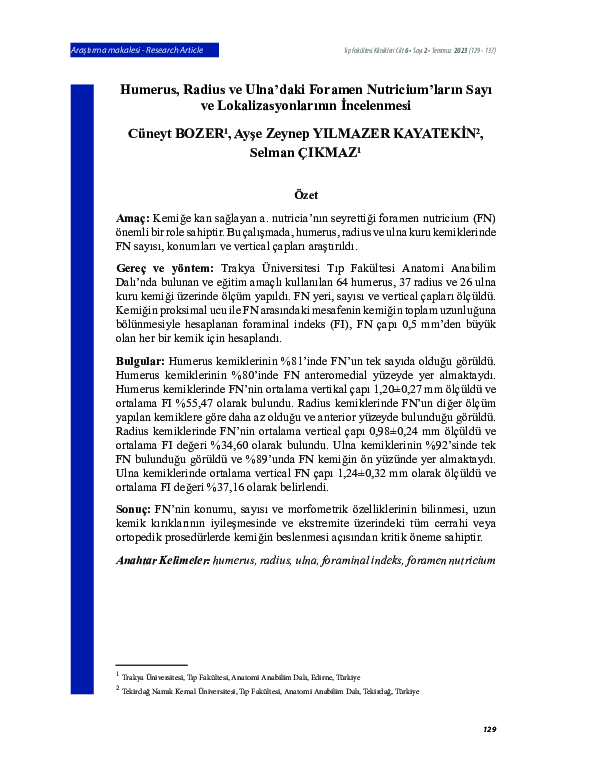 (PDF) Humerus, Radius ve Ulna’daki Foramen Nutricium’ların Sayı ve ...