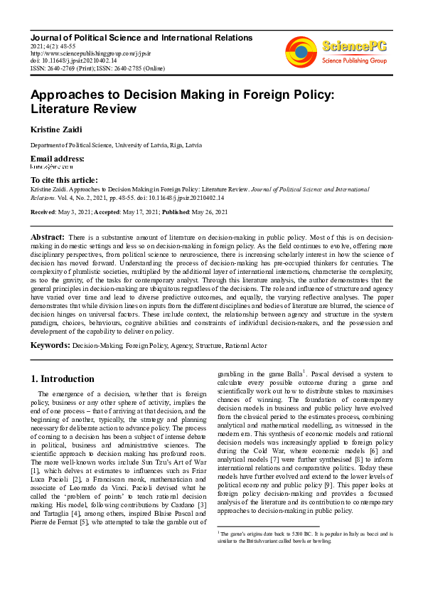 (PDF) Approaches to Decision Making in Foreign Policy: Literature Review