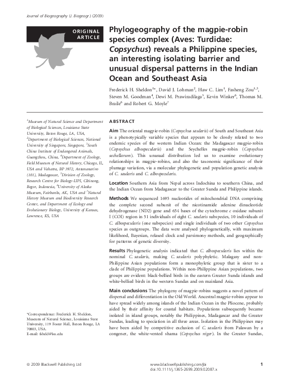 (PDF) species complex (Aves: Turdidae: Copsychus) reveals a Philippine ...