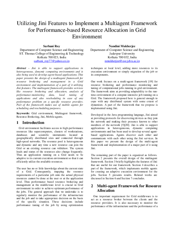 (PDF) Utilizing Jini features to implement a multiagent framework for performance-based resource ...