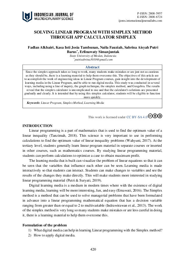 (PDF) SOLVING LINEAR PROGRAM WITH SIMPLEX METHOD THROUGH APP CALCULATOR ...
