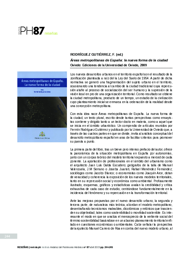 (PDF) 244. RODRÍGUEZ GUTIÉRREZ, F. (ed.) Áreas metropolitanas de España ...
