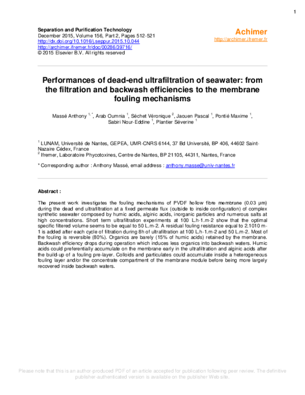 (PDF) Performances of dead-end ultrafiltration of seawater: From the ...