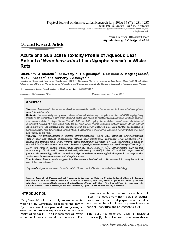(PDF) Acute and Sub-acute Toxicity Profile of Aqueous Leaf Extract of ...