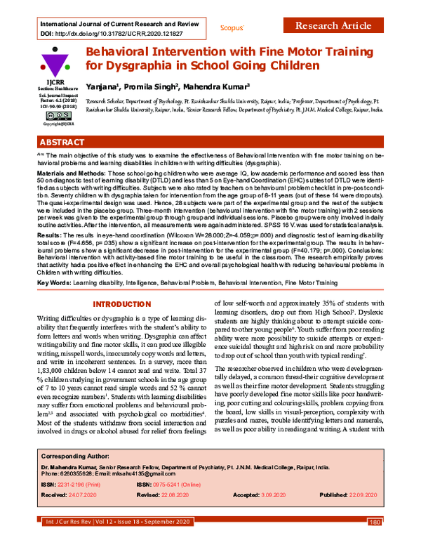 (PDF) Behavioral Intervention with Fine Motor Training for Dysgraphia ...