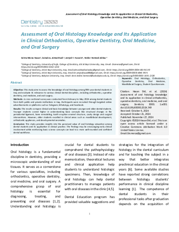 (PDF) 2024 Assessment of Oral Histology Knowledge and Its Application ...