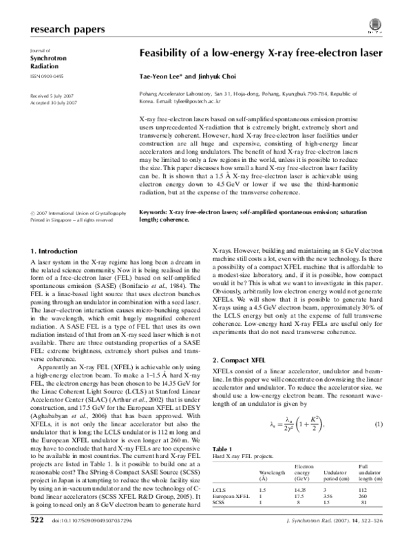 (PDF) Feasibility of a low-energy X-ray free-electron laser