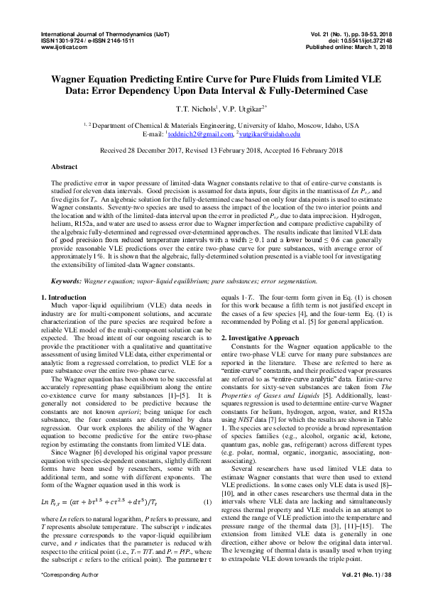 (PDF) Wagner Equation Predicting Entire Curve for Pure Fluids from ...