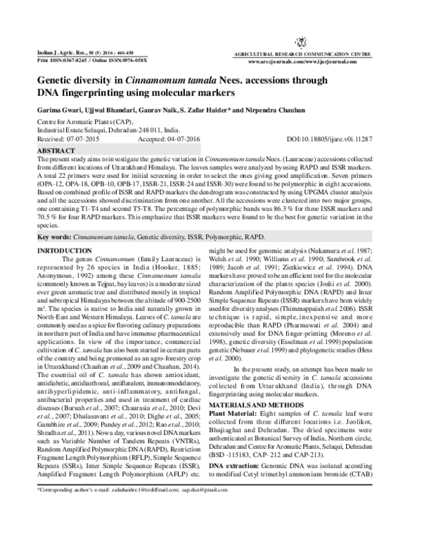 (PDF) Genetic diversity in Cinnamomum tamala Nees. accessions through ...