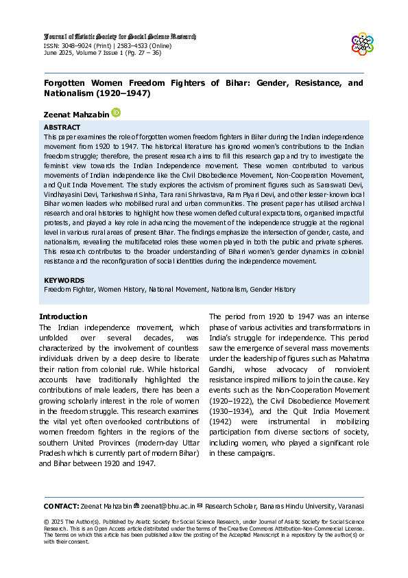 (PDF) Forgotten Women Freedom Fighters of Bihar: Gender, Resistance ...