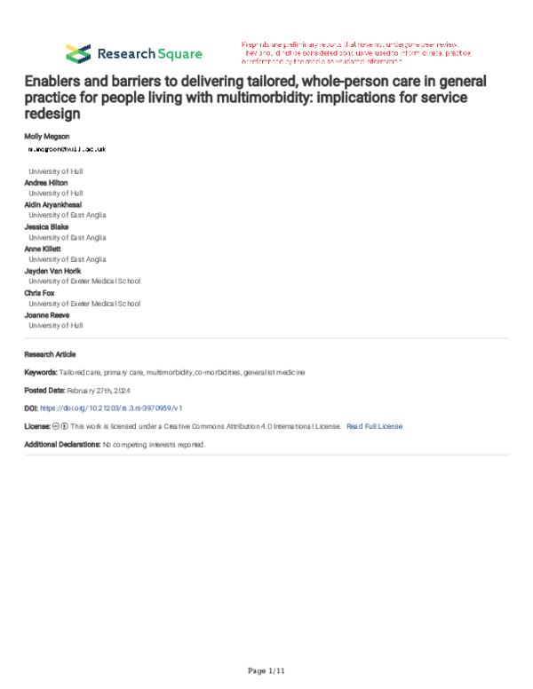 (PDF) Enablers and barriers to delivering tailored, whole-person care ...