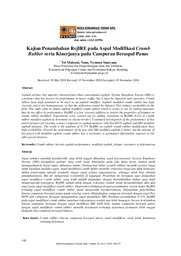 (PDF) Kajian Penambahan RejIRE pada Aspal Modifikasi Crumb Rubber serta ...