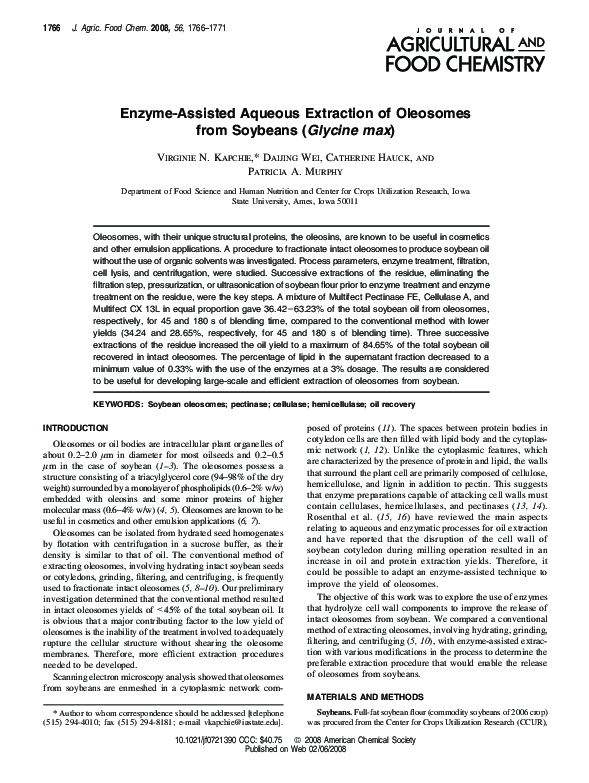 (PDF) Enzyme-Assisted Aqueous Extraction of Oleosomes from Soybeans ...
