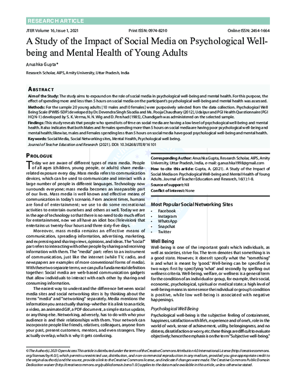 (PDF) A Study of the Impact of Social Media on Psychological Well-being ...