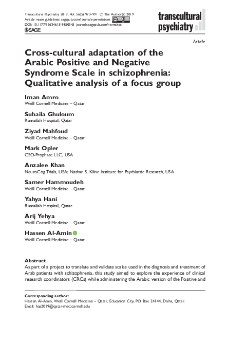 (PDF) Cross-cultural adaptation of the Arabic Positive and Negative ...