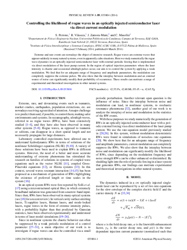 (PDF) Controlling the likelihood of rogue waves in an optically injected semiconductor laser via ...