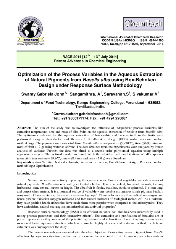 (PDF) Optimization of the Process Variables in the Aqueous Extraction of Natural Pigments from ...