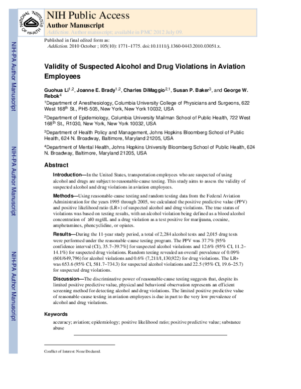 (PDF) Validity of suspected alcohol and drug violations in aviation ...