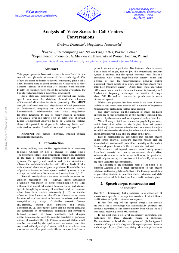 (PDF) Analysis of voice stress in call centers conversations