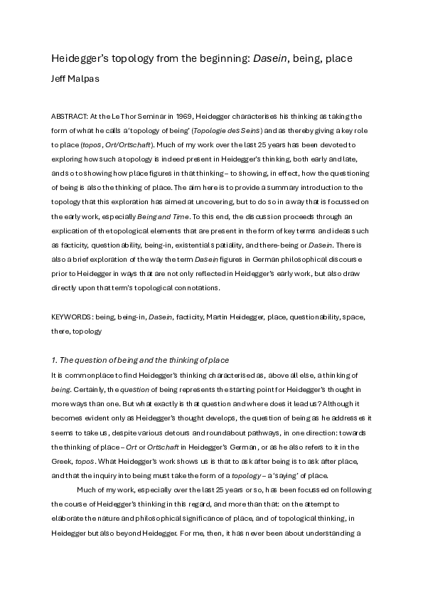 (PDF) Heidegger's topology from the beginning: Dasein, being, place