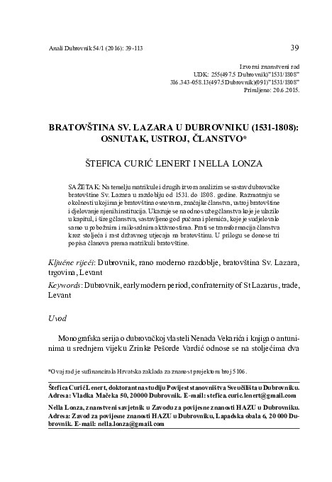 (PDF) The Confraternity of St Lazarus in Dubrovnik (1531-1808 ...