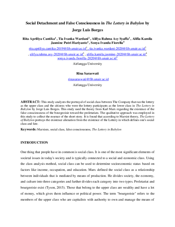(PDF) Social Detachment and False Consciousness in The Lottery in ...