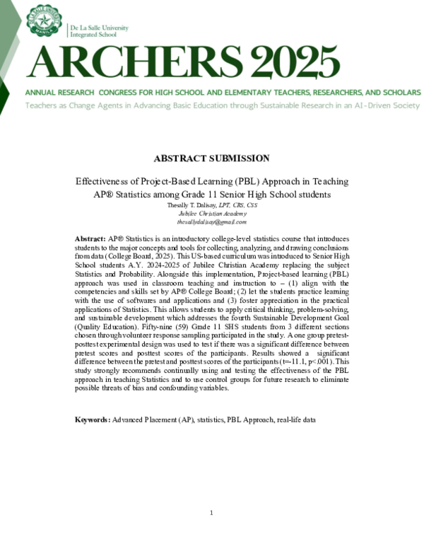 (PDF) Effectiveness of Project-Based Learning (PBL) Approach in ...