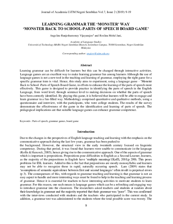 (PDF) Learning grammar the ‘monster’ way ‘monster back to school-parts ...