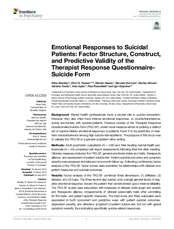 (PDF) Emotional Responses to Suicidal Patients: Factor Structure ...