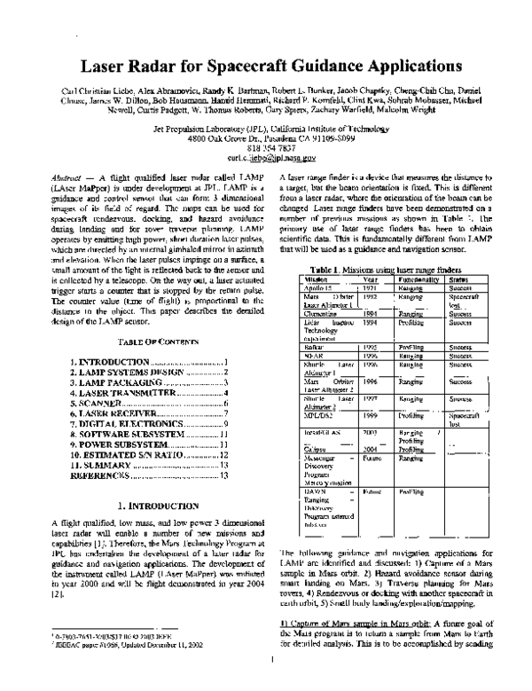 (PDF) Laser radar for spacecraft guidance applications