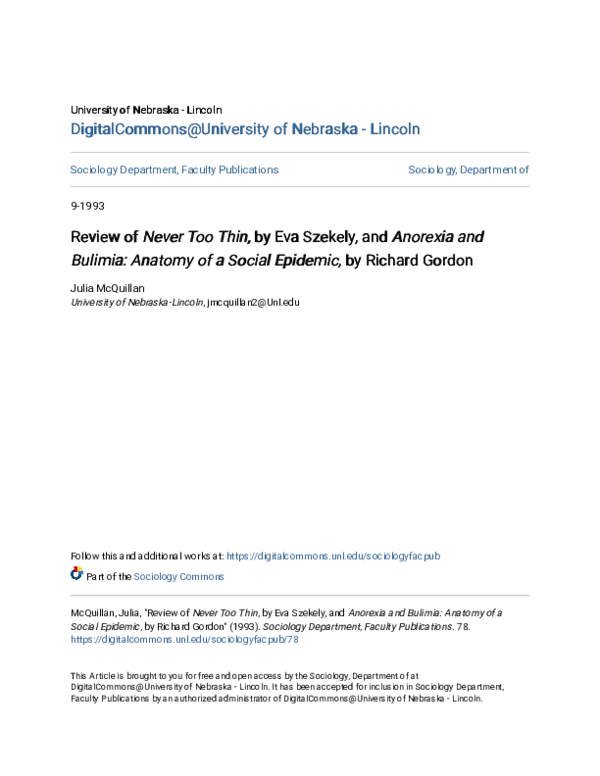(PDF) Review of Never Too Thin, by Eva Szekely, and Anorexia and ...