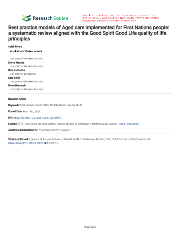 (PDF) Best practice models of Aged care implemented for First Nations ...