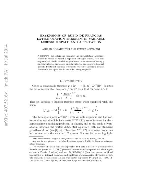 (PDF) Extensions of Rubio De Francias Extrapolation Theorem in Variable Lebesgue Space and ...