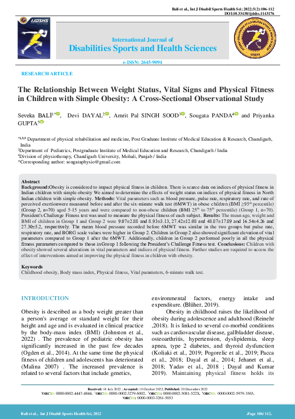 (PDF) The Relationship Between Weight Status, Vital Signs and Physical ...