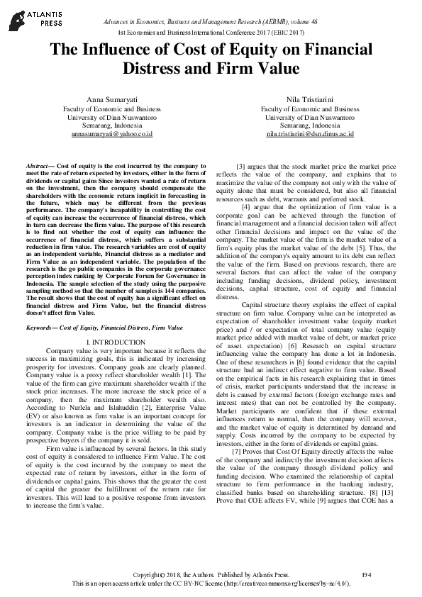 (PDF) The Influence of Cost of Equity on Financial Distress and Firm Value